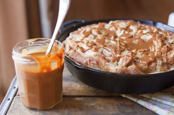 Apple Pecan Skillet Cake with Dulce de Leche Glaze - Muy Bueno