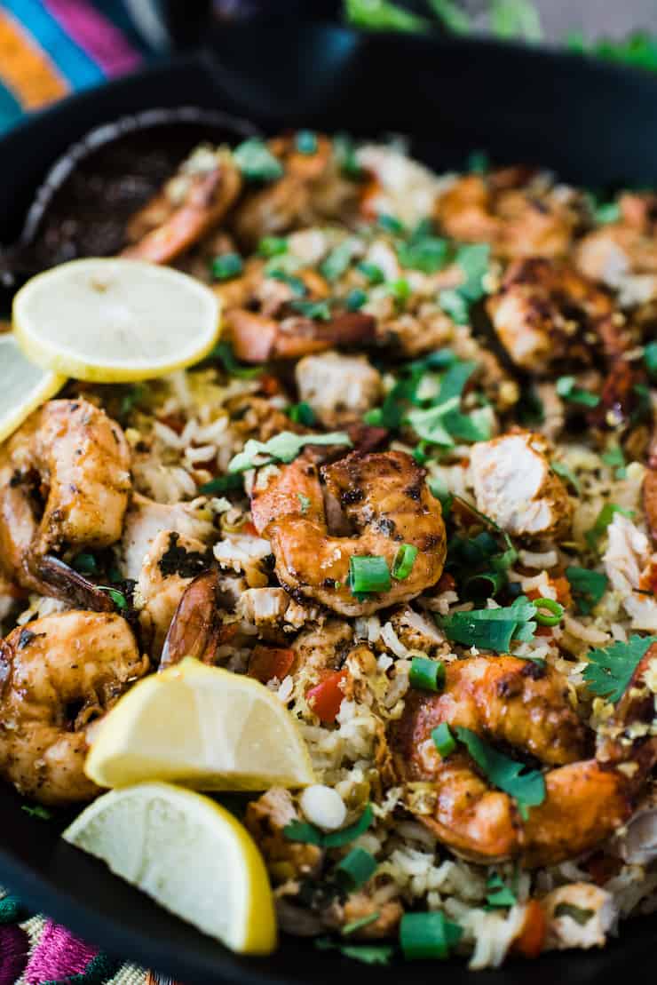 Spicy Lemon Garlic Skillet Rice with Shrimp and Chicken - Muy Bueno
